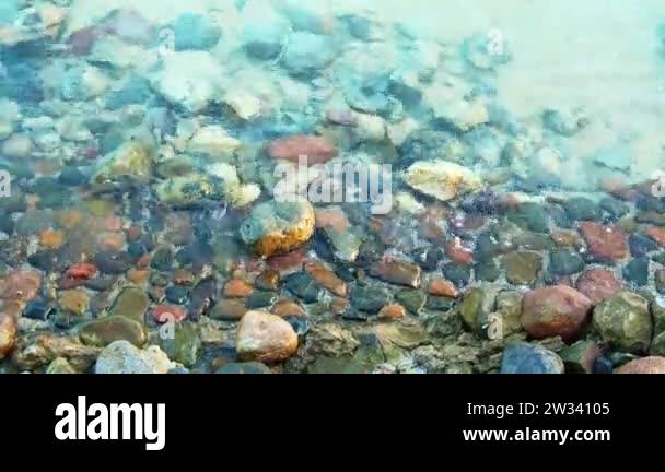 Transparent sea water and multicolour marine rubbles, close up shot ...