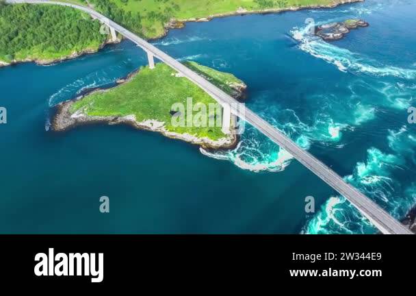 Whirlpools of the maelstrom of Saltstraumen, Nordland, Norway aerial ...