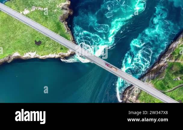 Whirlpools of the maelstrom of Saltstraumen, Nordland, Norway aerial ...