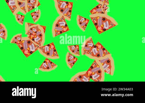 Slices of pizza falling animation elements on green screen chroma key ...