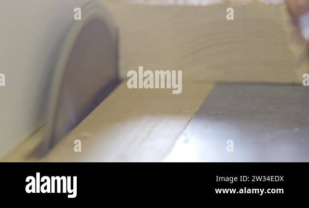 Cutting wood at a wood factory. Circular saw cutting block of wood in ...