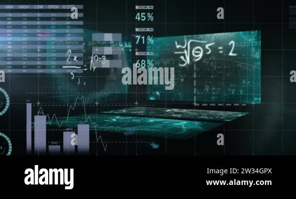 Animation of statistics processing and financial data on screens over ...