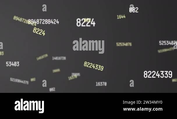 Digital animation of multiple changing numbers moving and floating against grey background ...