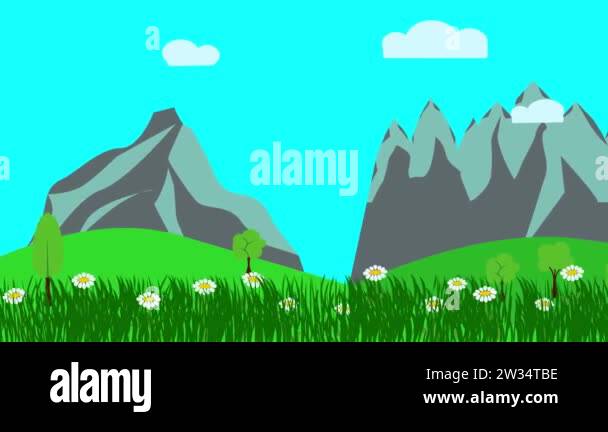 Cartoon Landscape, Spring season animation with flowers, Flat design ...