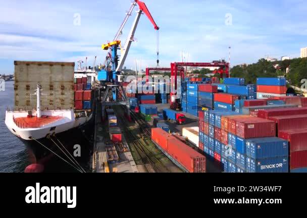 Vladivostok, Russia - Summer, 2020 - A merchant ship stands at the quay ...