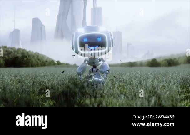 Funny toy robot in the meadow on the background of a futuristic city ...