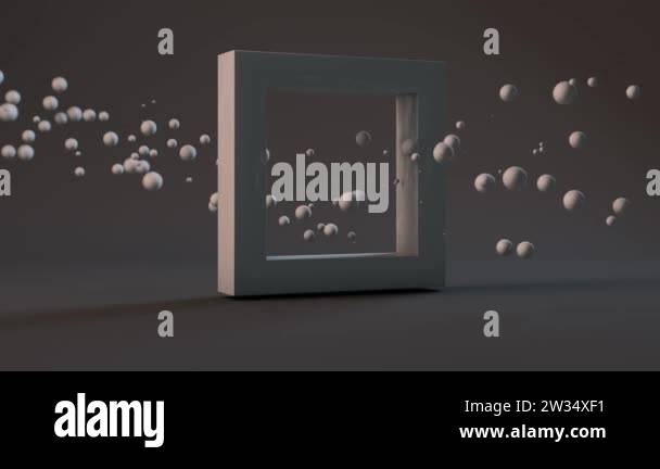 3D animation of a white square through which balls of different sizes ...