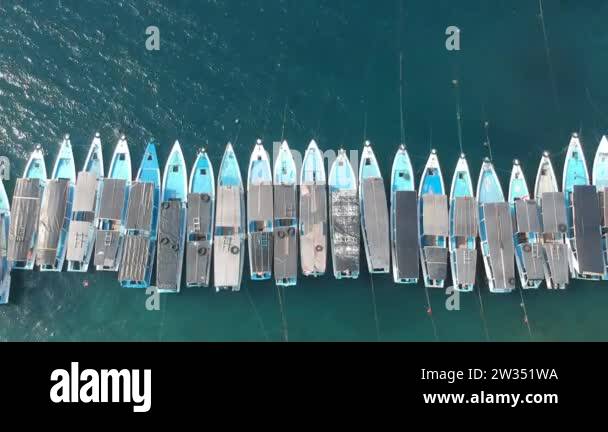 take-off up over many blue fishing boats connected to each other ...