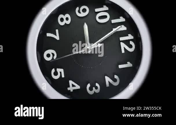 Zoom in and out macro shot of clock face with rapid rotation and almost ...