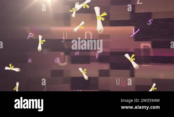 Digital animation of multiple diploma degree falling against spot of ...