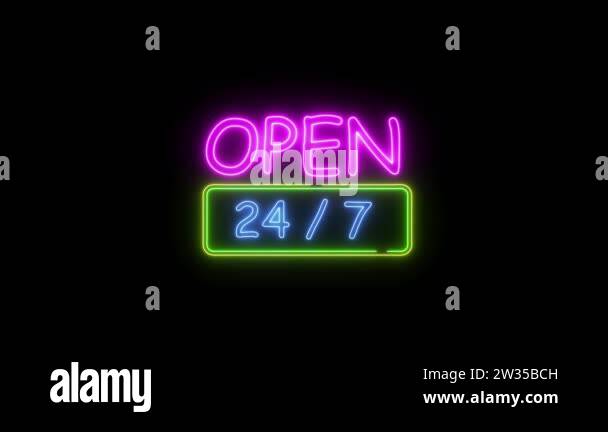 Neon open 24 sign animation on brick wall background. Open sign ...
