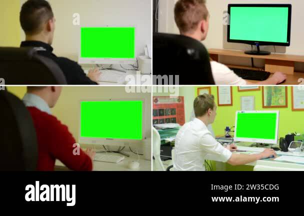 4K MONTAGE (4 VIDEOS) - desk computer green screen - people working on ...