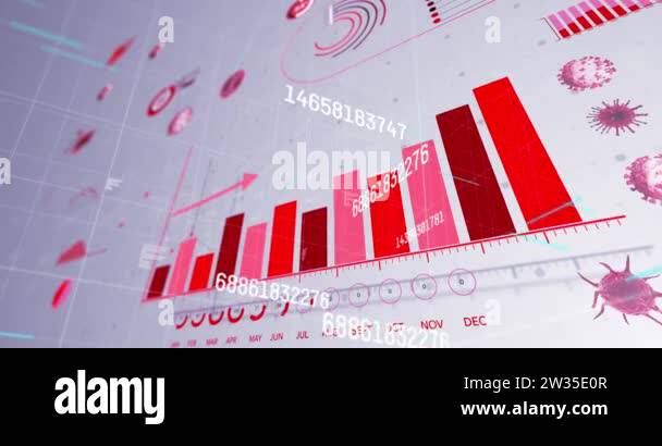 Digital animation of multiple changing numbers floating against covid-19 statistical data ...