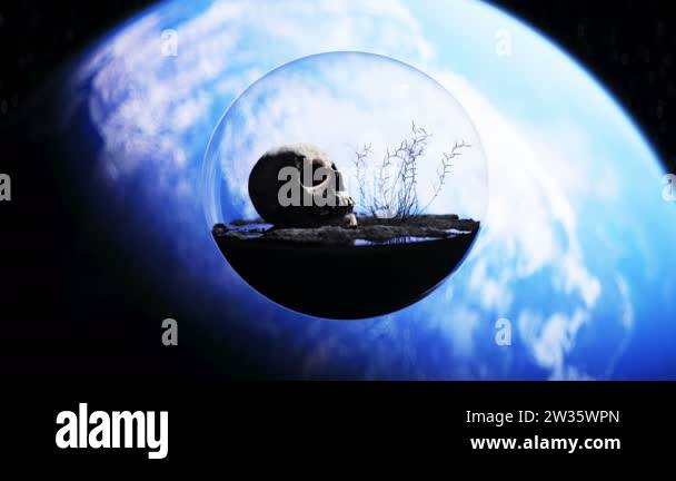 human skull in outer space in glass sphere. Apocalypse ecology concept ...