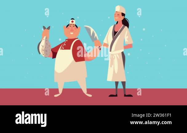 chefs couple with fish and knife comic characters animation Stock Video ...