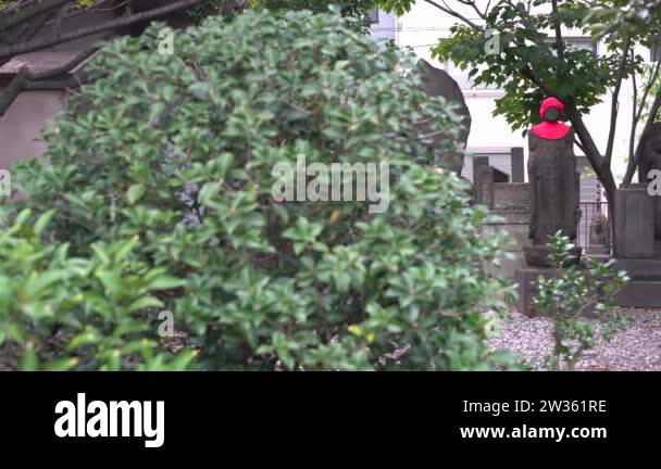 4K Peaceful scene japanese buddhist stone monk statues wearing red ...