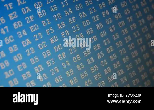 Figures On A Blue Background Shooting Of A Binary Code Hexadecimal Program Code On Screen