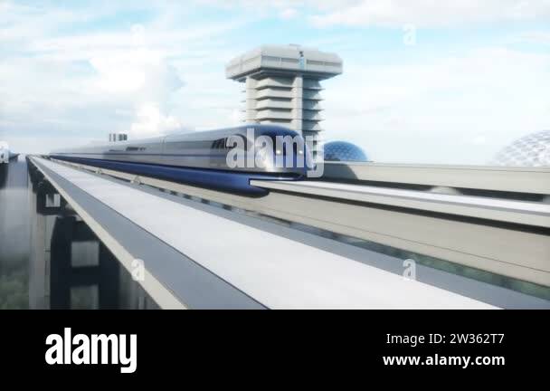 futuristic train station with monorail and train. traffic of people ...