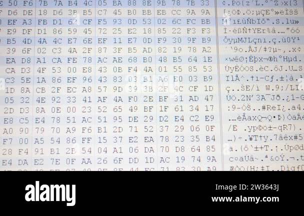 Table Of The Binary Hexadecimal Program Code On Screen Animated Background Of Moving Binary