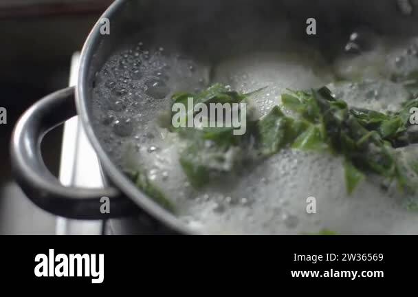Close up boiling local vegetable with bubbling soup in a pot and ...