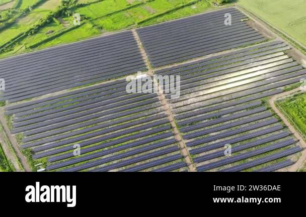 Big power plant with blue solar panels. View from drone. Blue panels ...