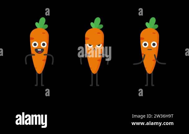 Carrot funny character. Three animations yes no surprised. Transparent background. Loop ...