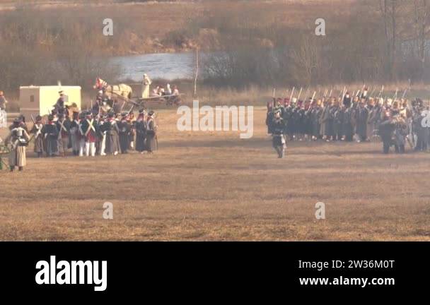 Reconstruction of the Battle of 1812 near the Berezina River. Soldiers ...