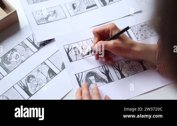 Artist illustrator draws a storyboard for the film. The animator ...