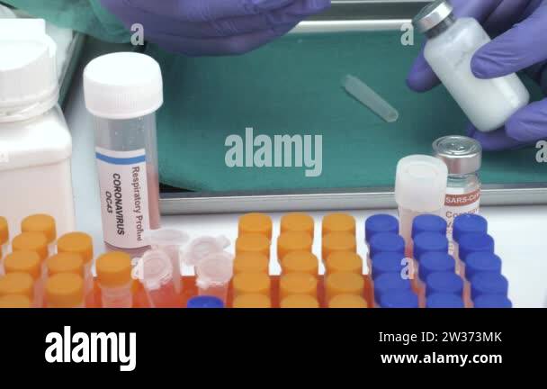 Nurse extracting medication with syringe for sick person with sars-cov ...