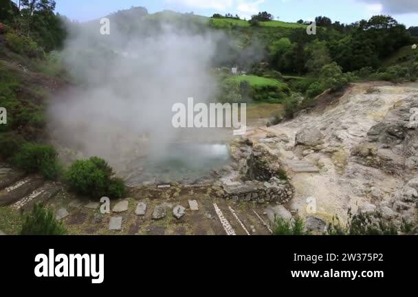 Hot spring with boiling water at the Caldeiras in the city of Furnas ...