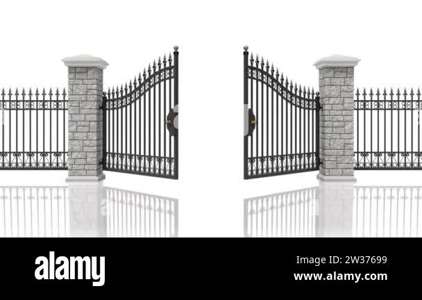 Opening iron gate on white reflective background - 3D animation ...