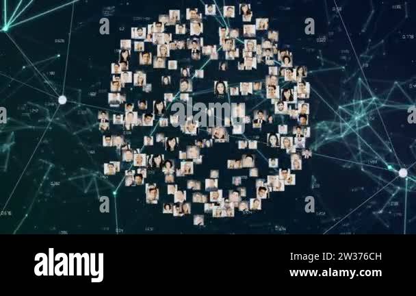 Digital animation of network of connections against globe of multiple profile icons on green ...