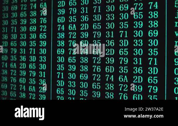 Program HEX code on scientific device screen, green text ASCI information, 4K UHD video Stock ...