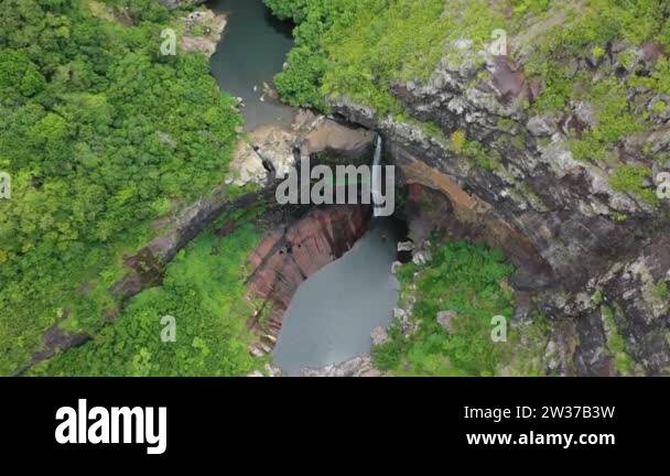 cascades of waterfalls Tamarin island of Mauritius. Aerial view. Seven ...