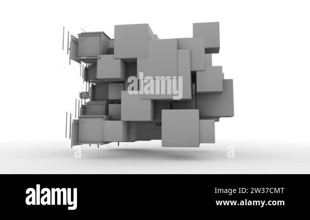 3D animation of a white cube that splits into many clubs that ...