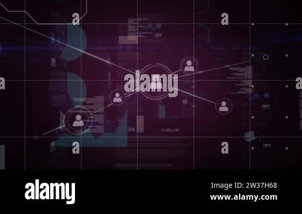 Animation of connected people icons with moving data information and ...