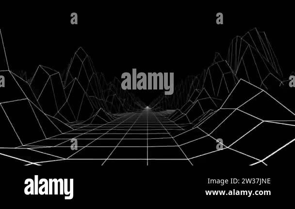 80s retro computer low poly landscape. Neon light grid loop animation ...