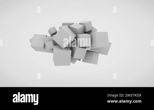 3D animation of an abstract array of many cubes of different sizes on a ...
