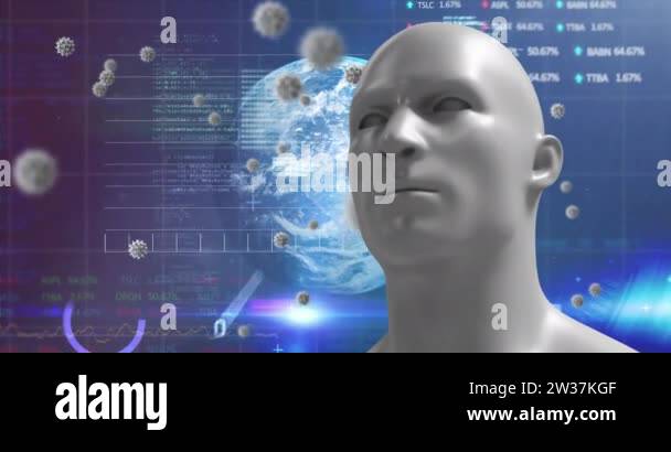 Animation of a digital human head with giant virus models floating on a ...