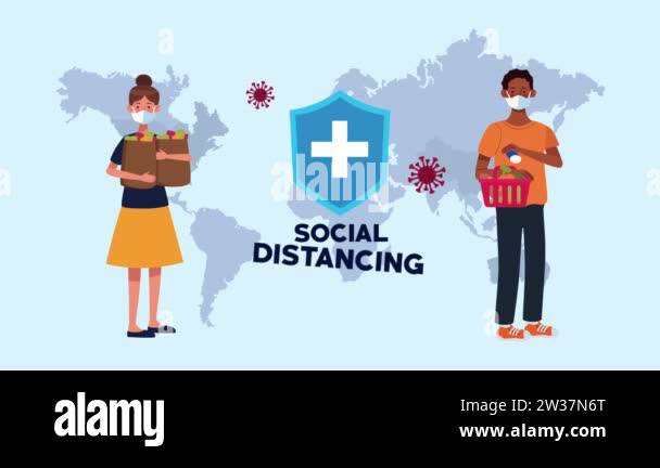 social distancing campaign with supermarket customers and earth maps ...