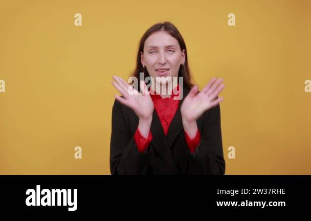 Confused Female Holds Palms Hands Under Her Chin. Surprised, Unsure ...