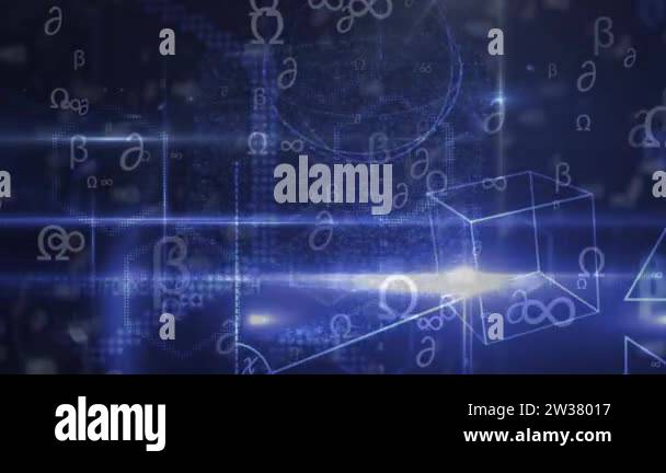 Animation of mathematical symbols and shapes floating over a computer ...
