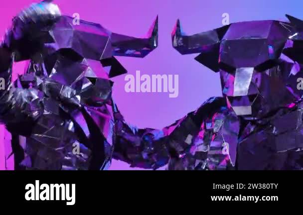 Two people in futuristic costumes of bulls from the mirrors cheerfully ...