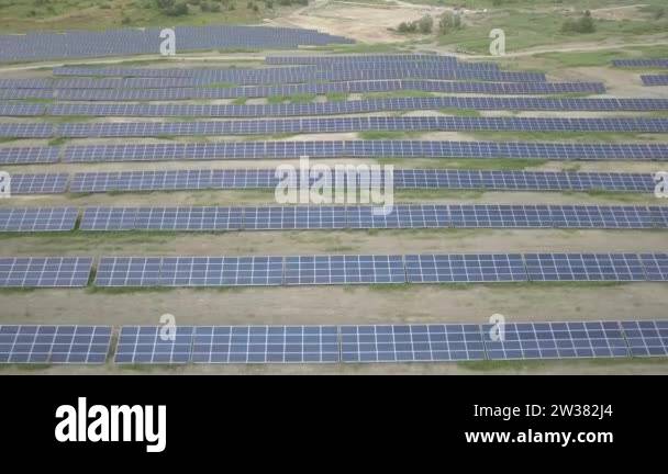 Solar panels aerial view. Shooting from a drone or quadrocopter ...