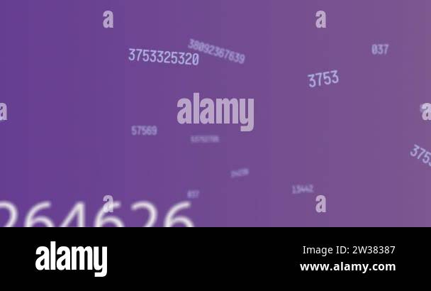 Digital animation of multiple changing numbers and symbols floating against purple background ...