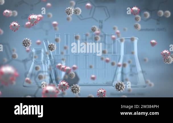 Animation of covid 19 cells over chemical compound structures, flasks ...