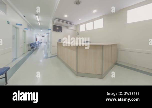 Empty waiting room. Hospital empty hall corridor with cabinets, clinic ...