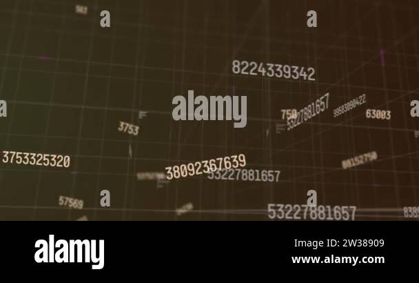 Digital animation of multiple changing numbers floating against grid network on black background ...