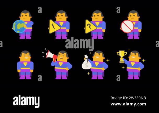 Superhero in various poses. Set animations. Alpha channel. Looped ...