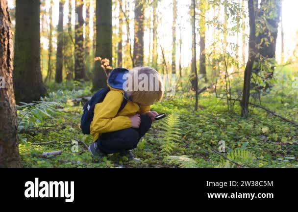 Cute schoolchild exploring nature with magnifying glass. Little boy ...
